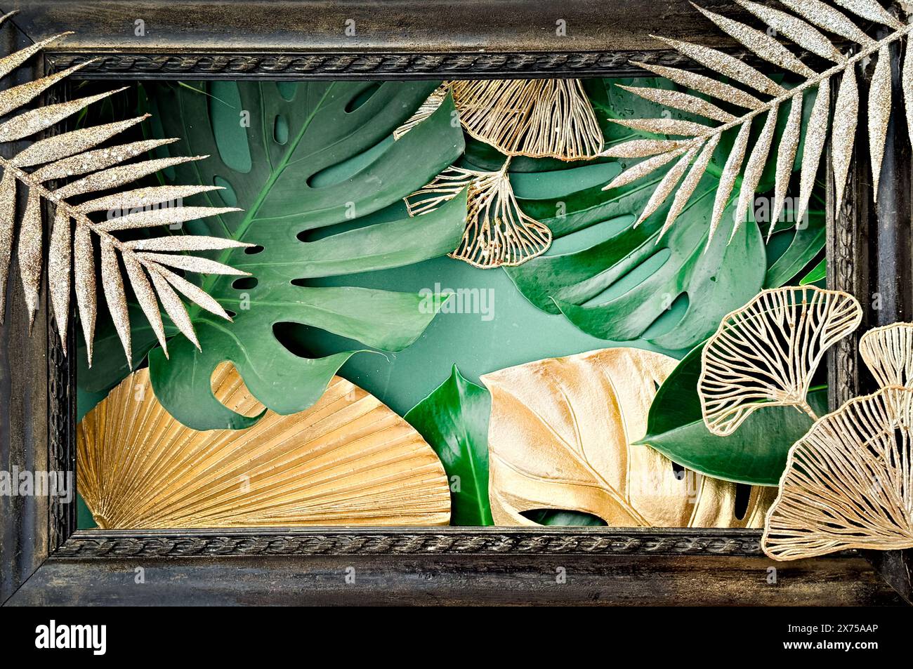 Exotic Tropical Frame with Gold and Green Leaves for Decorative Design ...