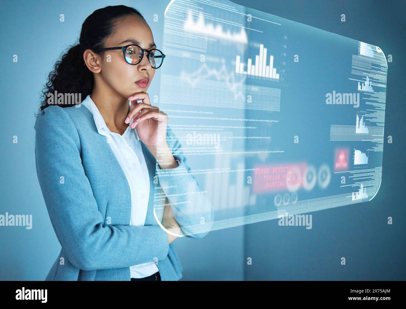 Business woman, thinking and analytics hologram with overlay for ...