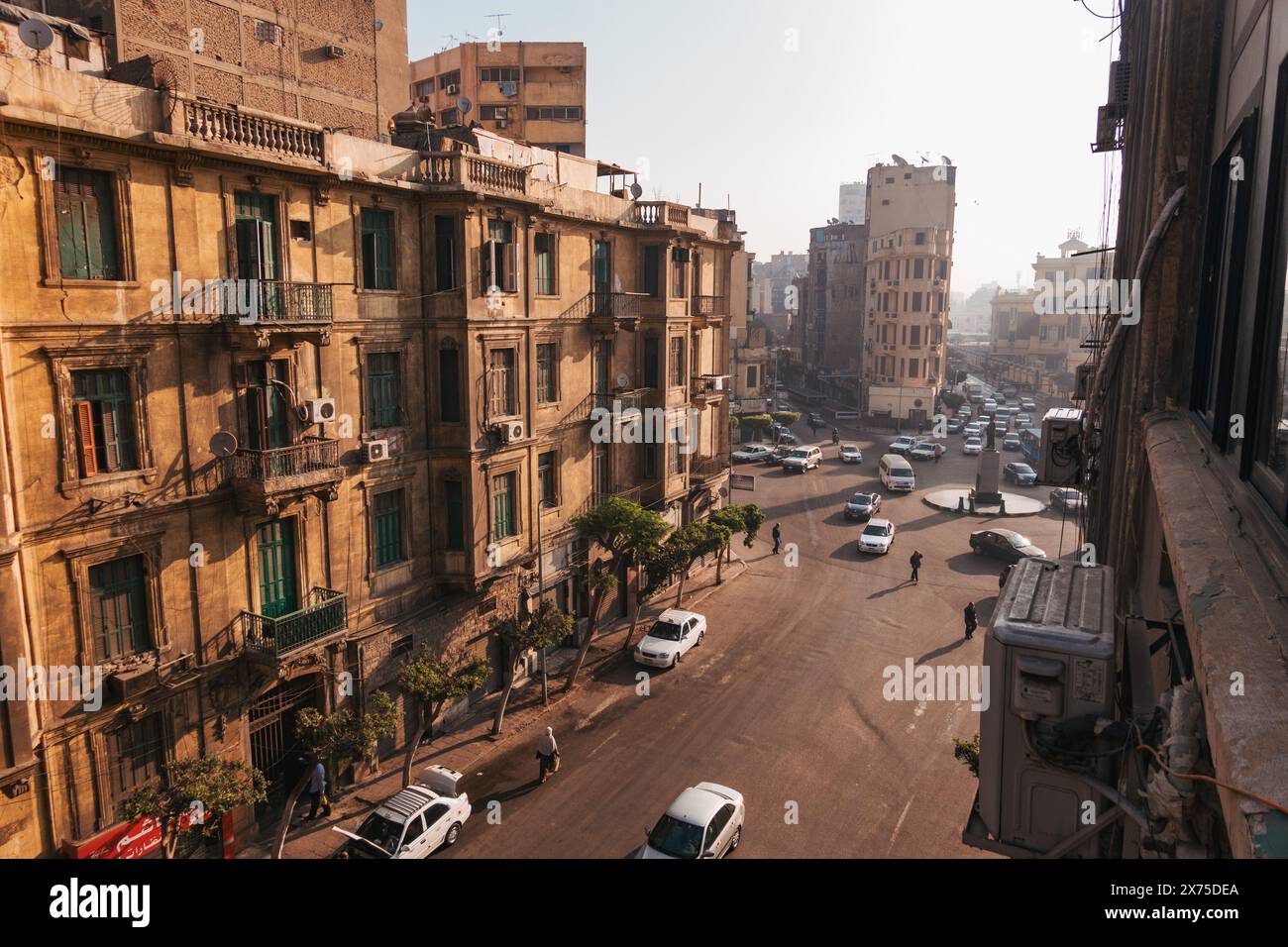 empty street at Mohamed Farid Square, Cairo, Egypt, as seen from an apartment window on a winter ...