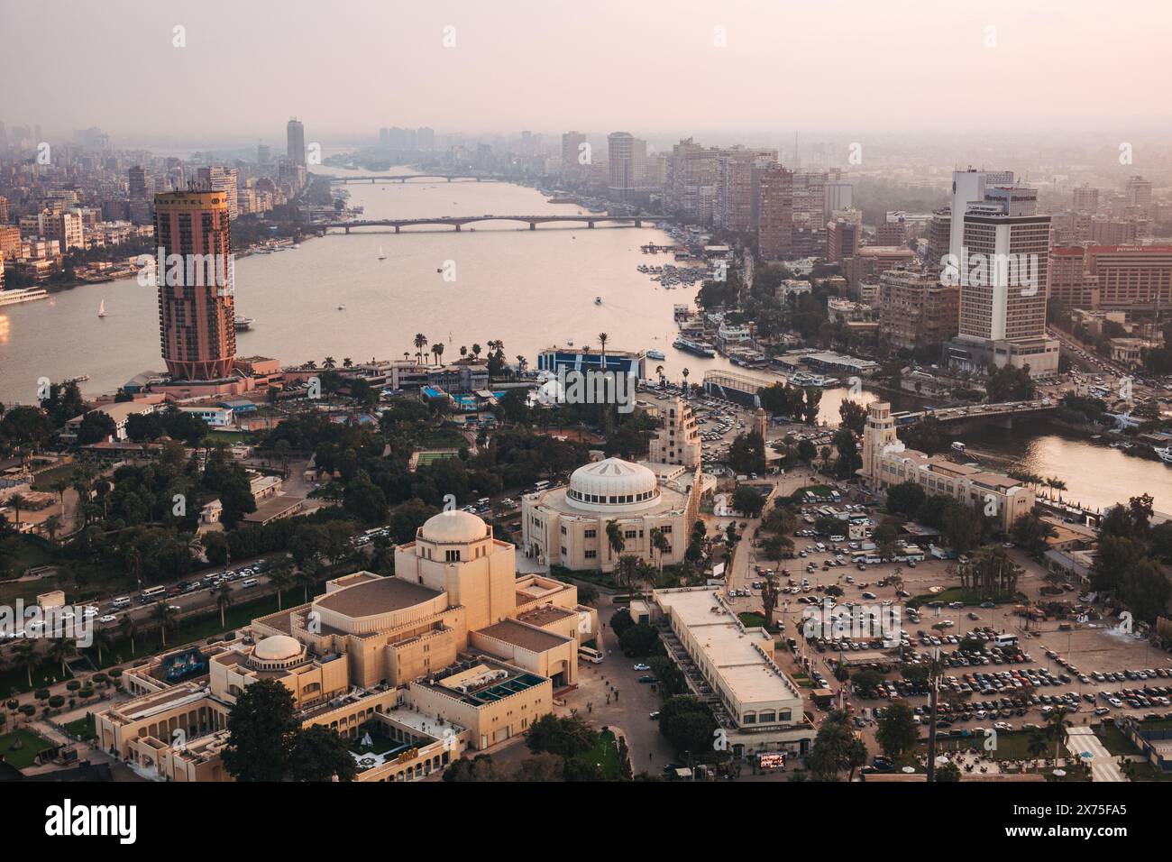 Aerial view of the Cairo island suburb of Zamalek in the River Nile ...