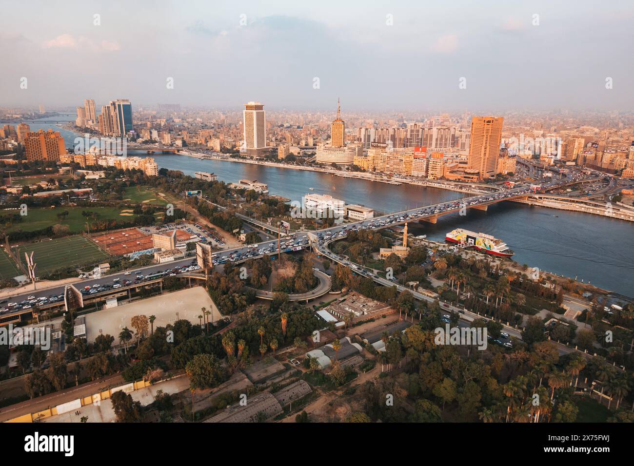 aerial view of the 6 October Bridge and urban sprawl in Cairo, Egypt ...