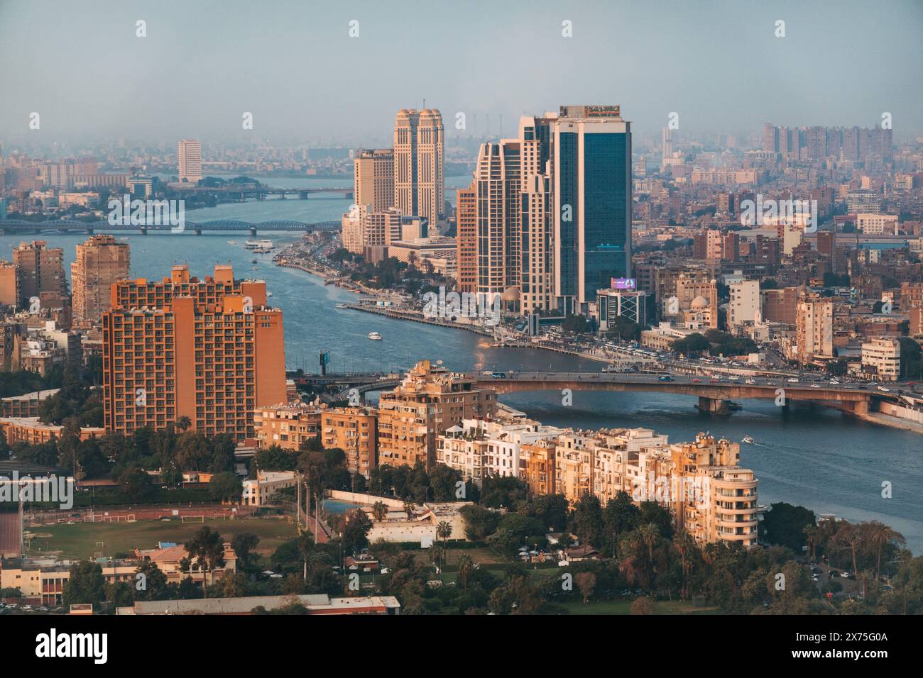 Aerial view of downtown Cairo with the Nile River winding through ...