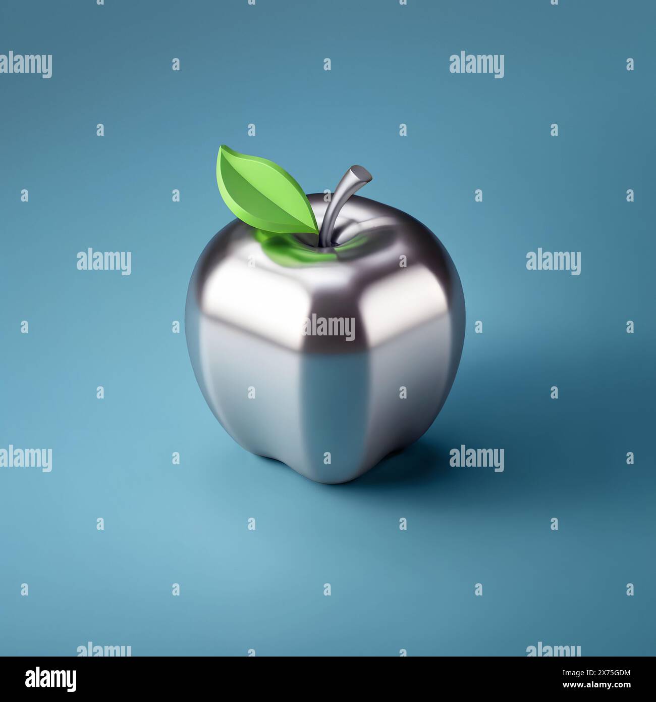 Metallic apple on cyan background with green leaf Stock Photo - Alamy