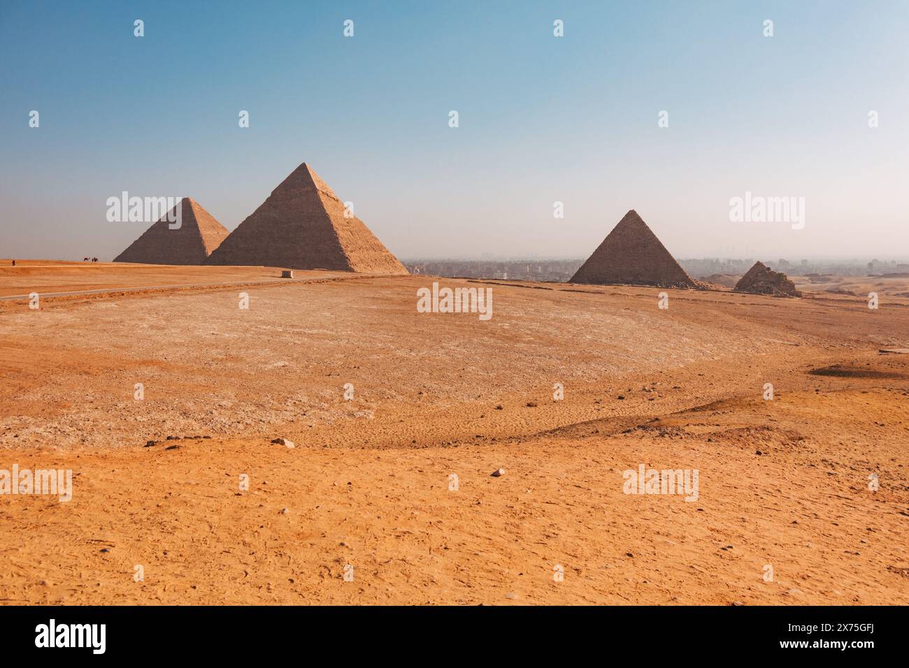 Wide view of the three pyramids of Giza—Khufu, Khafre, and Menkaure ...