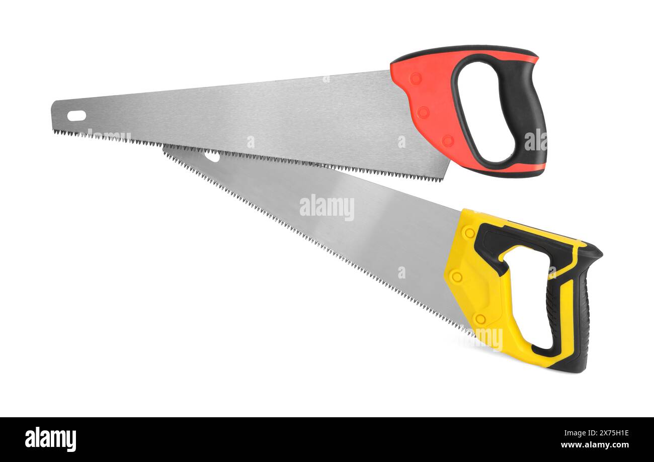 Saws with colorful handles isolated on white Stock Photo - Alamy