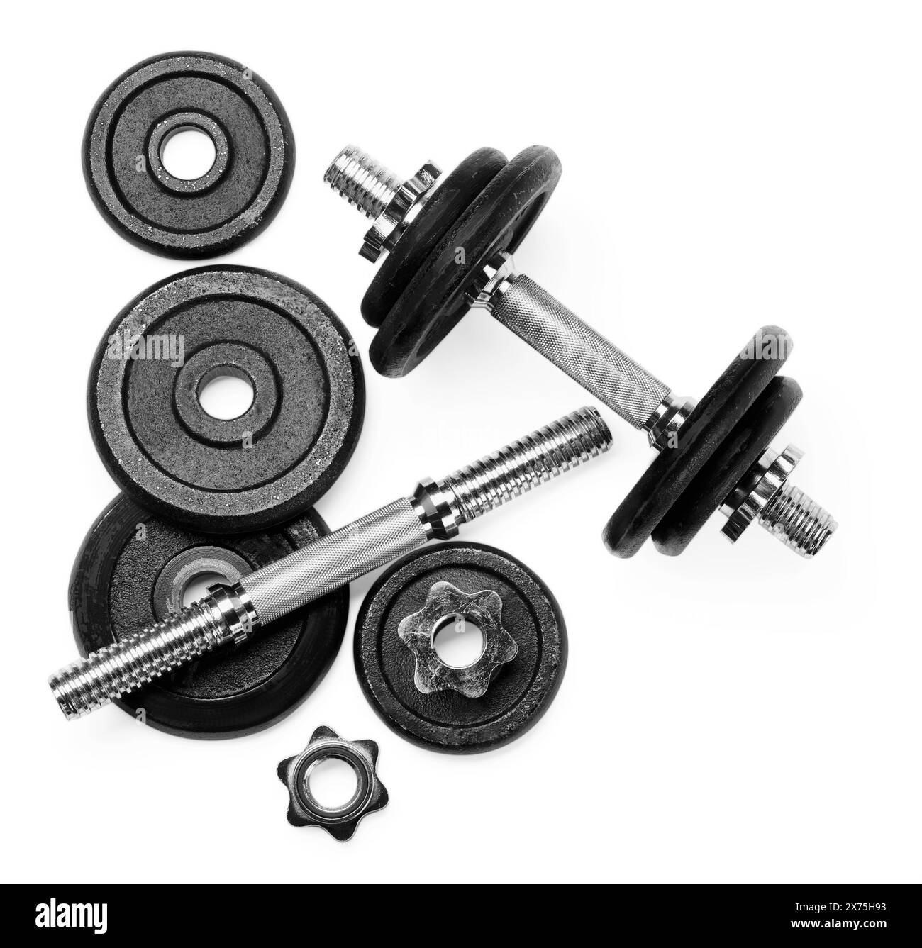 Metal dumbbell and parts on white background, top view. Sports ...