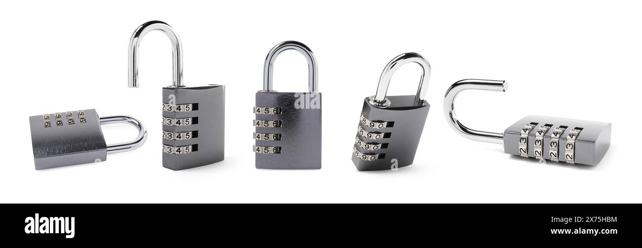 Steel combination padlock isolated on white, different sides. Set Stock ...
