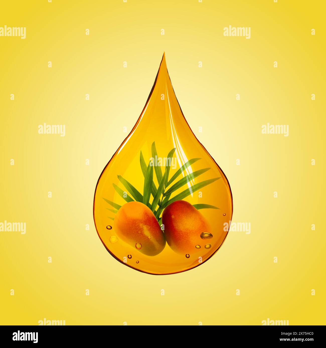 Cooking oil drop with palm leaves and fruits on golden background Stock ...
