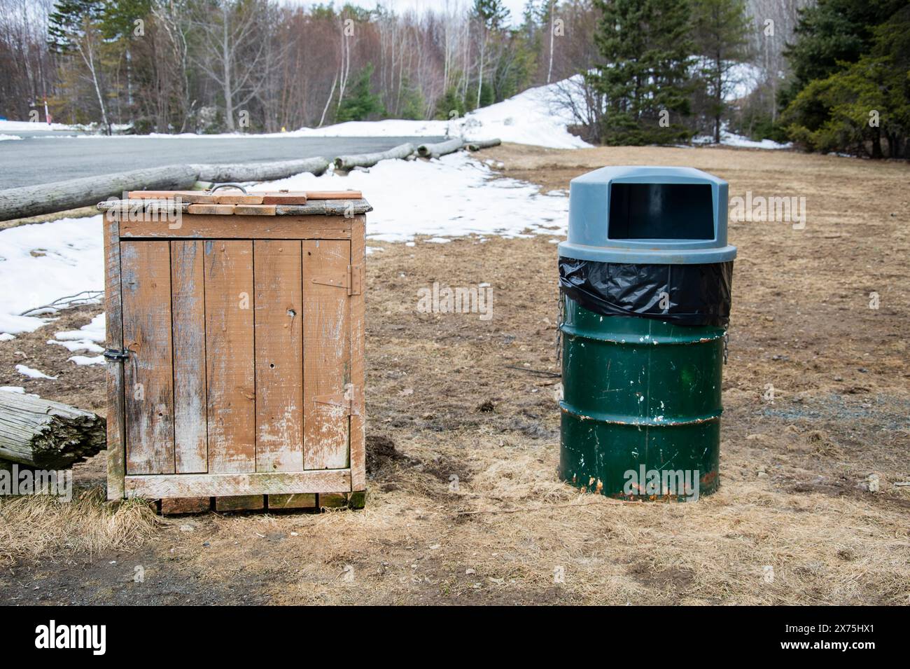Garbage bin at parking lot at French Fort Cove Park in Miramichi, New ...