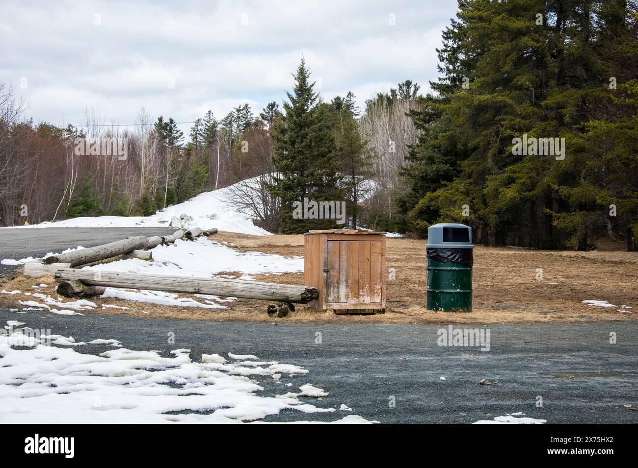 Garbage bin at parking lot at French Fort Cove Park in Miramichi, New ...