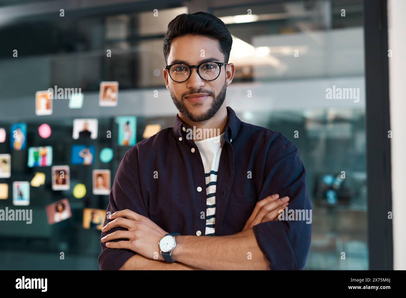 Business man, portrait and arms crossed in office with sticky notes for ...