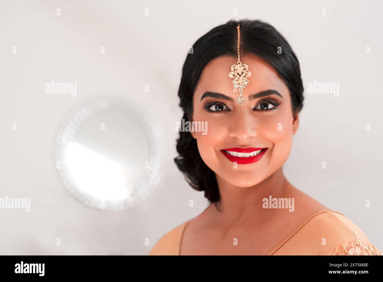 Portrait, bride and Indian woman with wedding, fashion and celebration ...