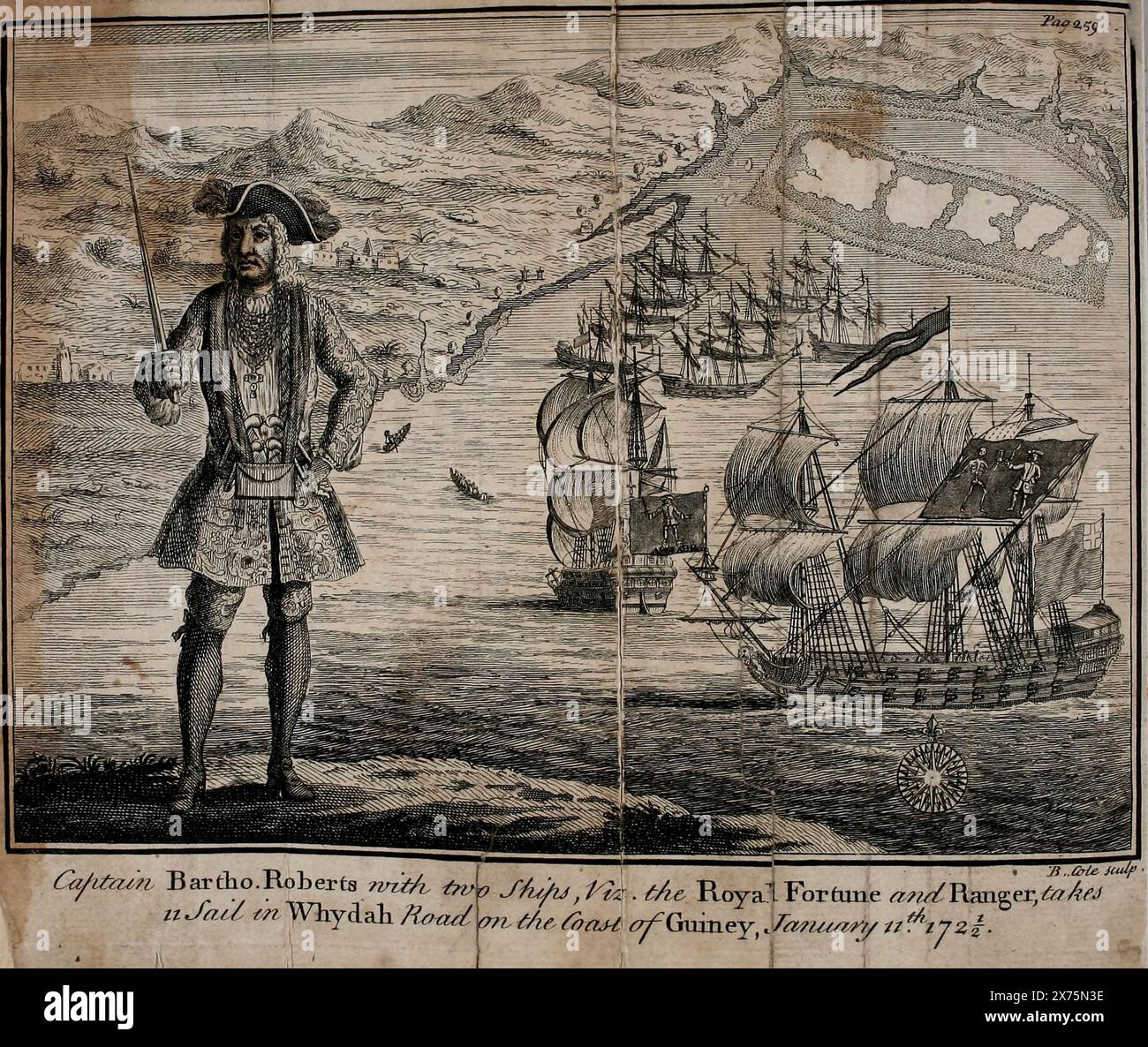 Illustration of Captain Bartholomew Roberts with two ships the Royal ...