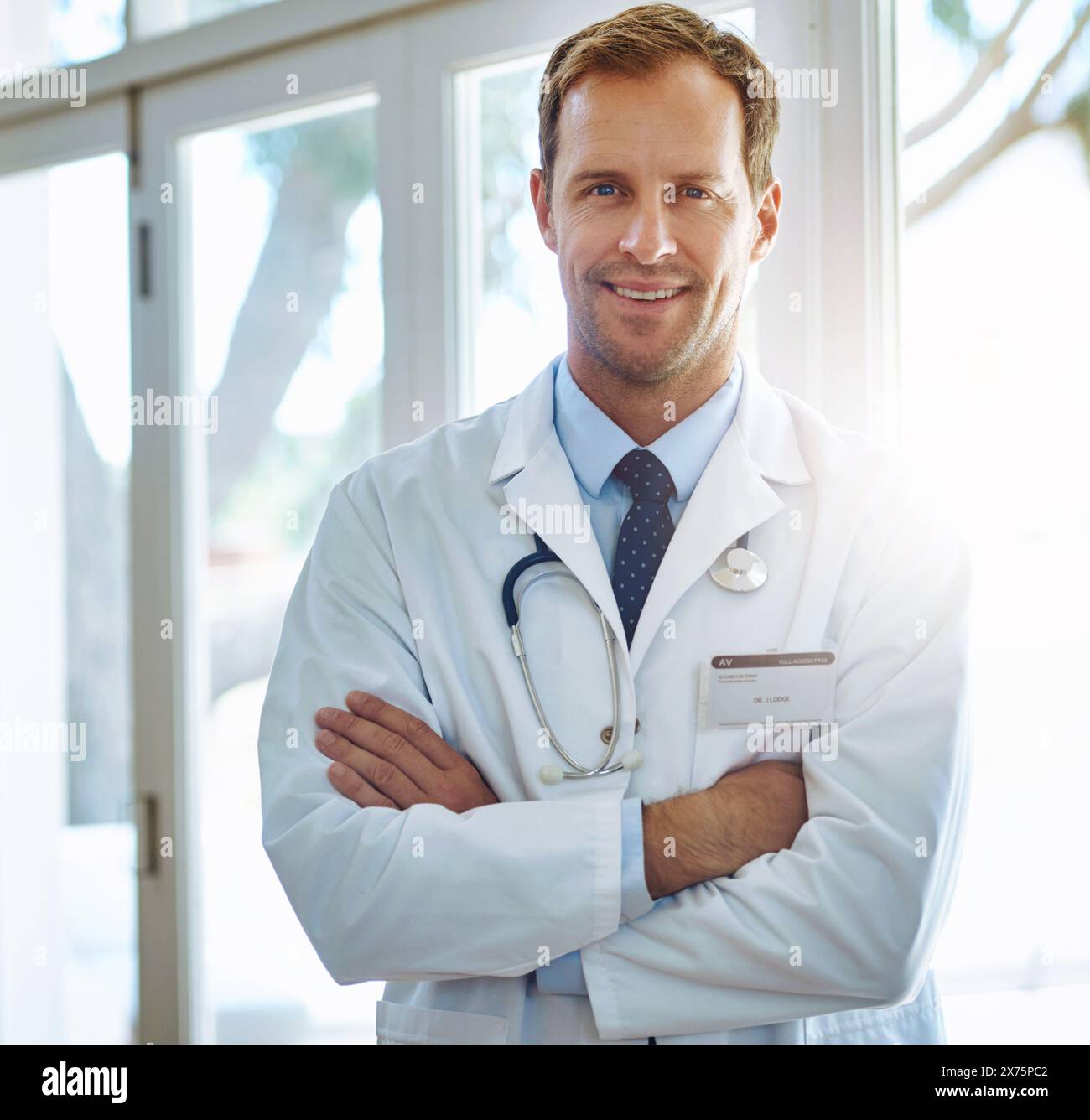 Man, happy and portrait in hospital with doctor of bone for spinal ...