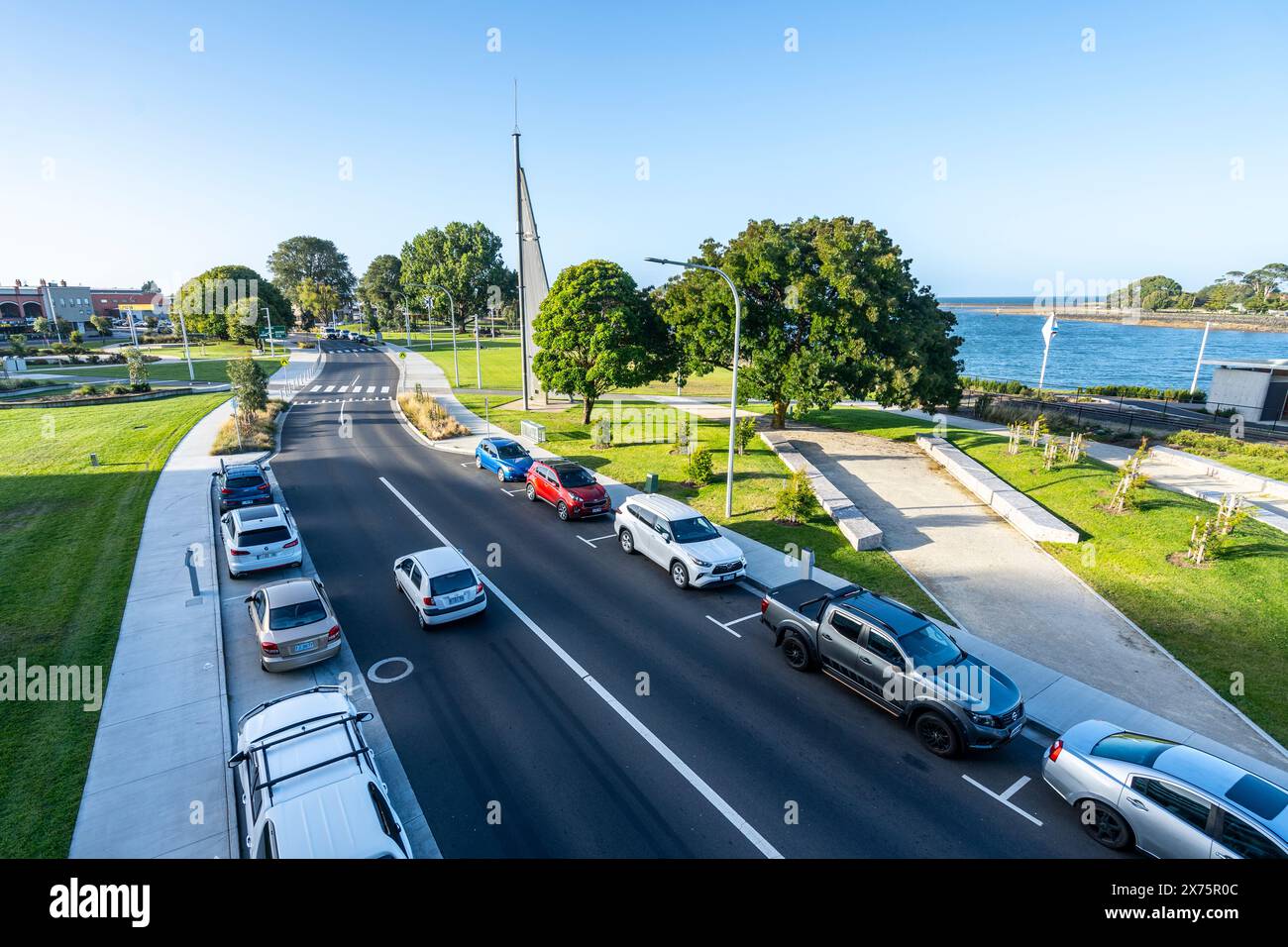View of riverside parklands from elevated walkway, Mersey River ...