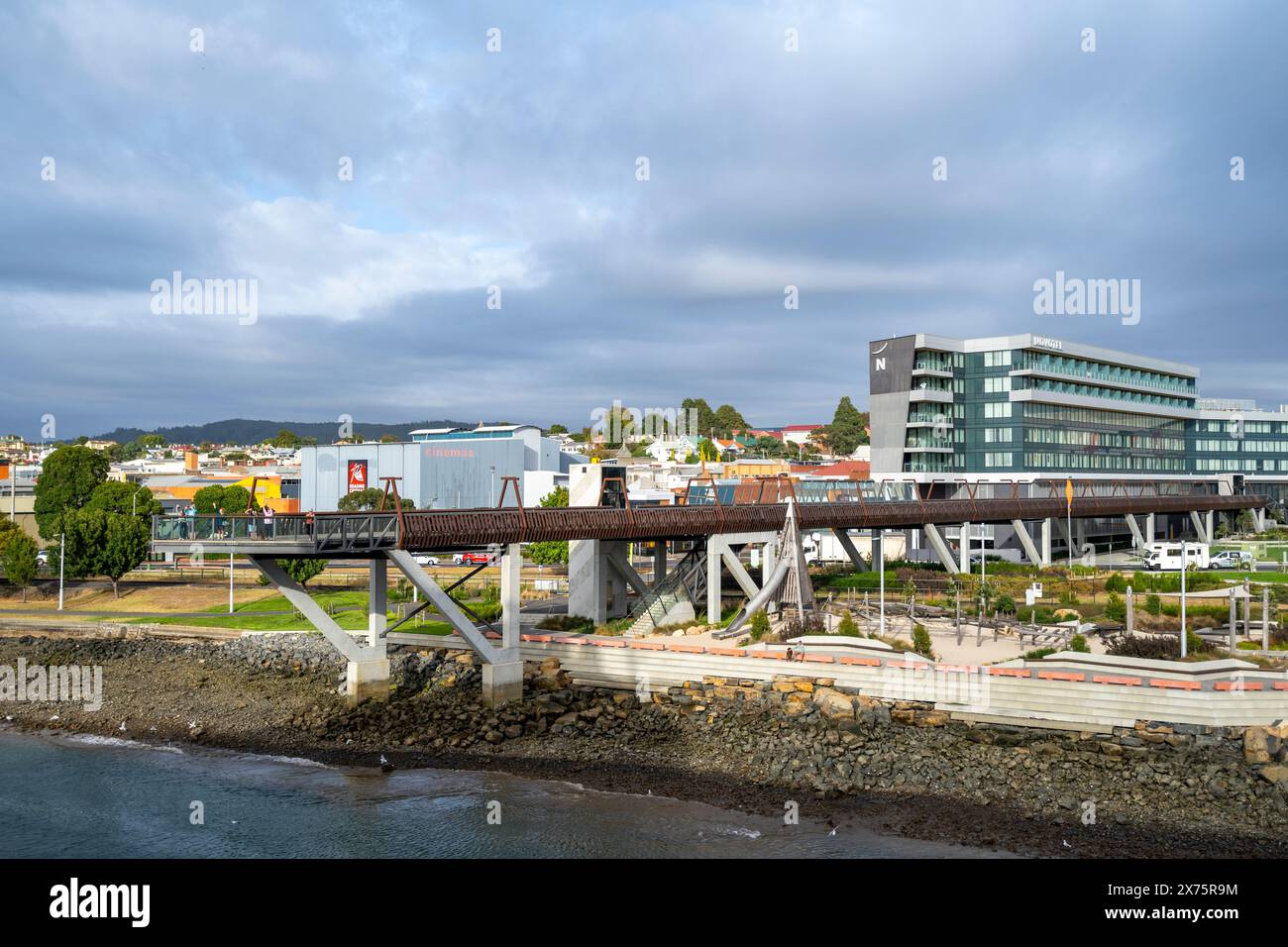 View of elevated walkway and viewing platform on back of Mersey River ...