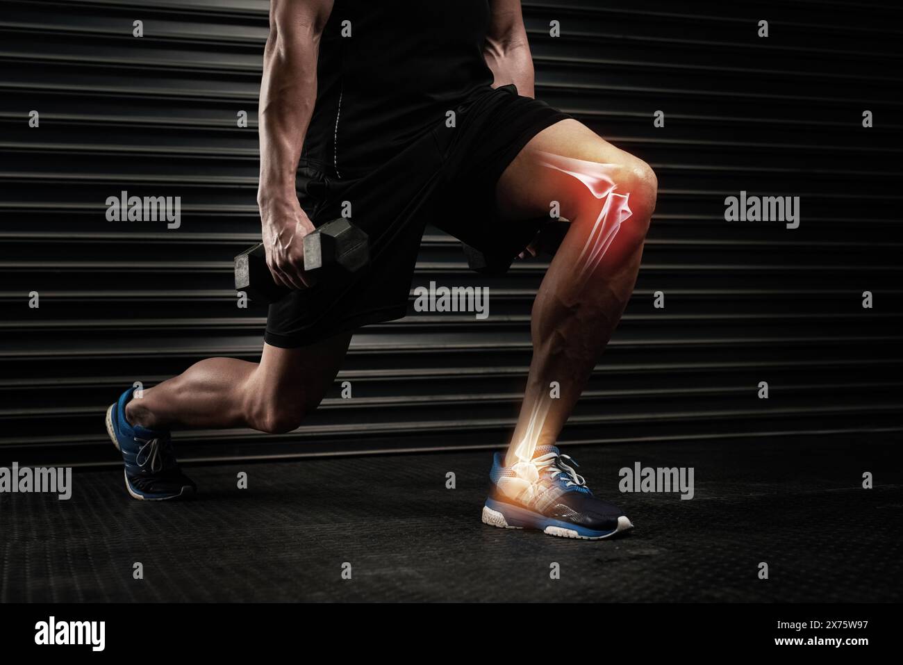 Man, leg and muscle skeleton for exercise with 3d anatomy, red glow and ...