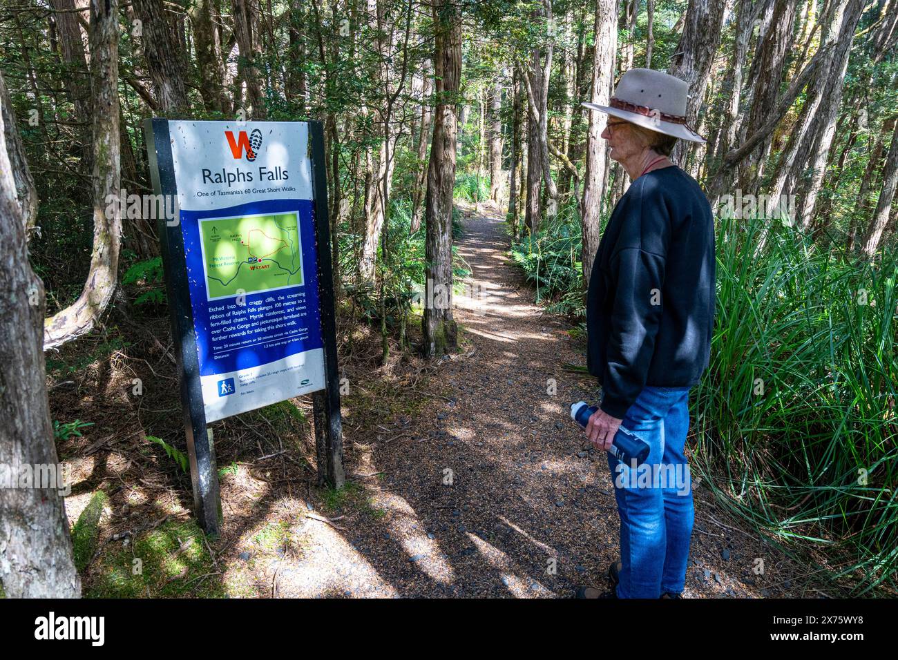 Woman reading walking track information sign beside Ralphs Falls ...