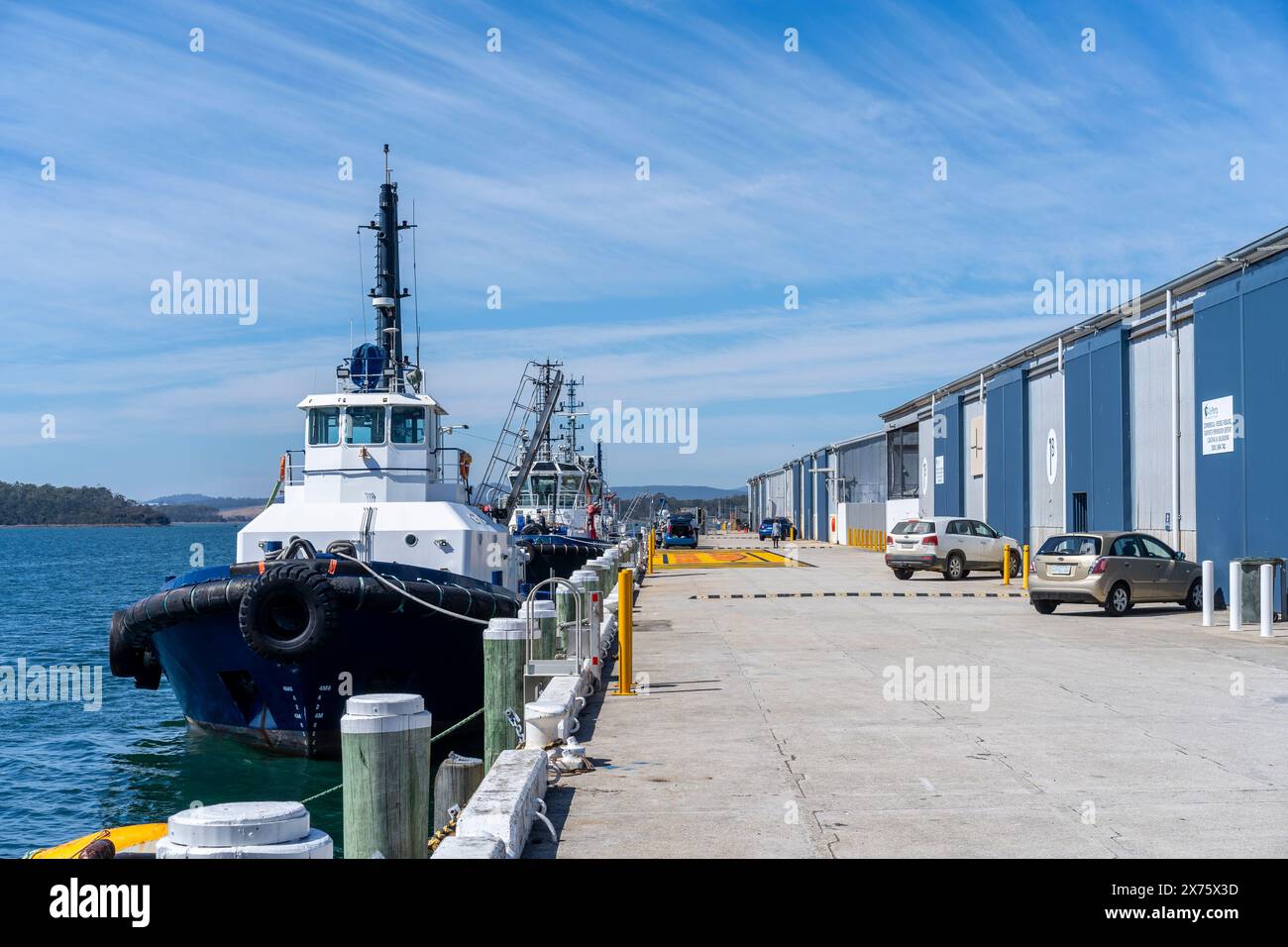 Tugboat tied up at commercial wharf, Beauty Point, River Tamar ...