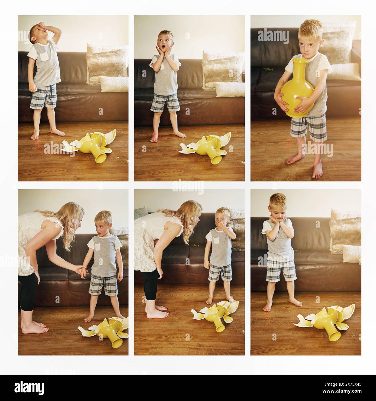 Collage, mother and boy for scold or trouble after breaking vase at home for punishment and ...