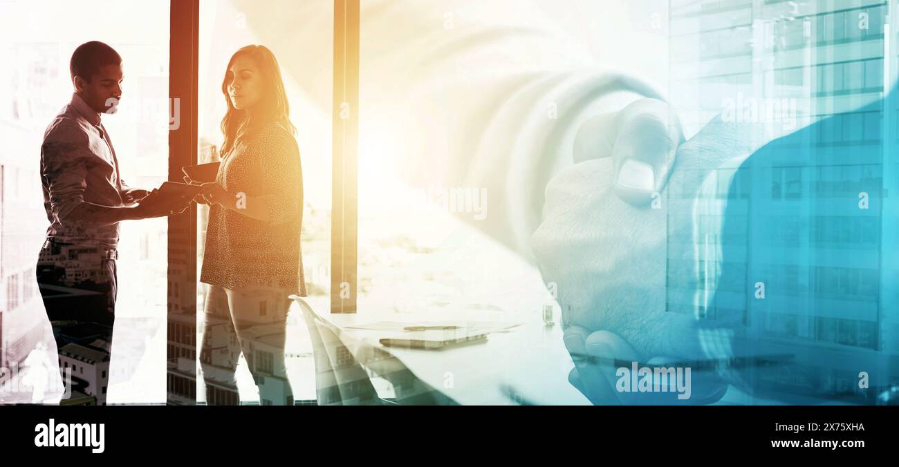 Businesspeople, overlay and consult in office for planning with ...