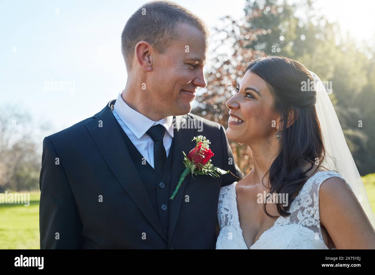 Garden, funny and bride with groom, wedding day and happiness with ...