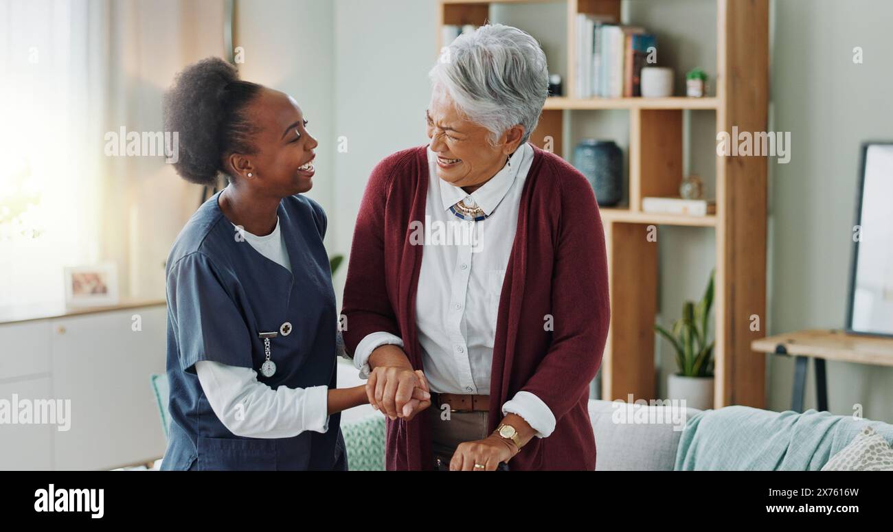 Elderly, woman and caregiver with help or walking stick for mobility ...