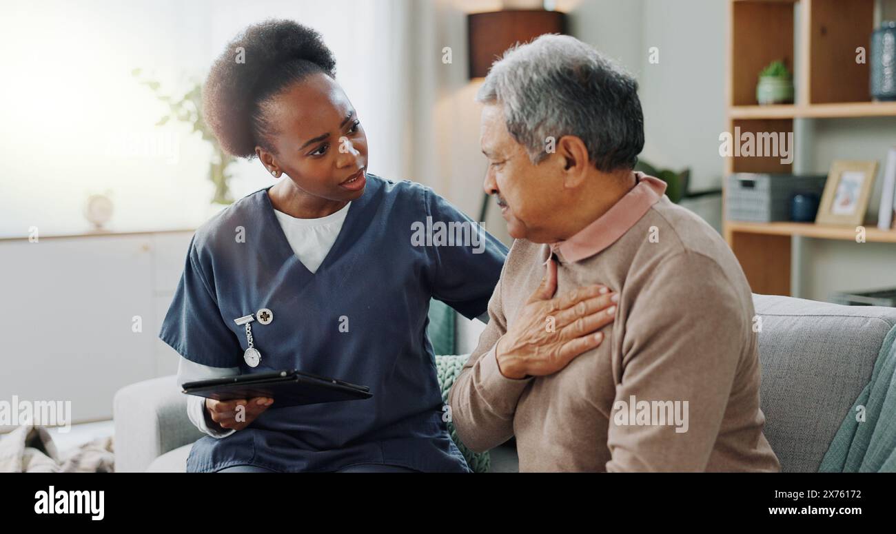 Senior, man and caregiver with tablet for consultation with coughing ...