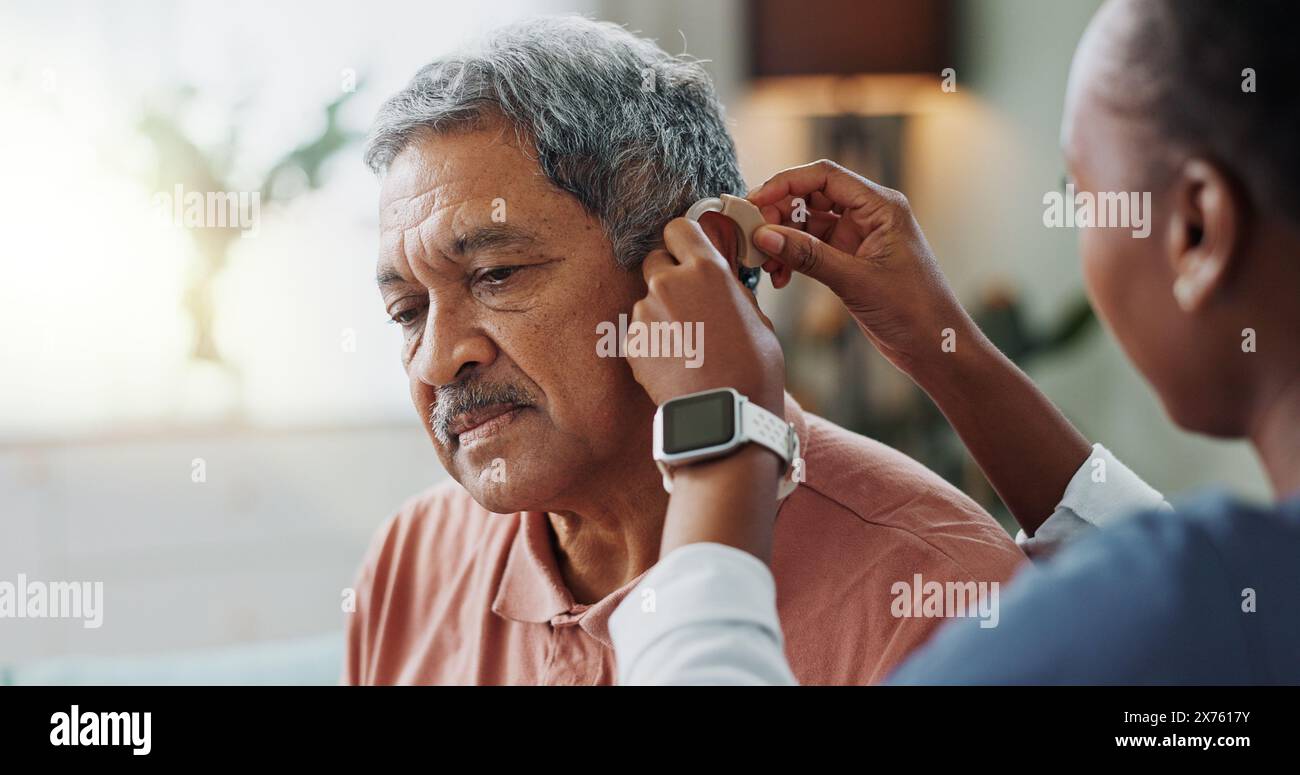 Nurse, patient and hearing aid on ear for medical support, wellness and ...