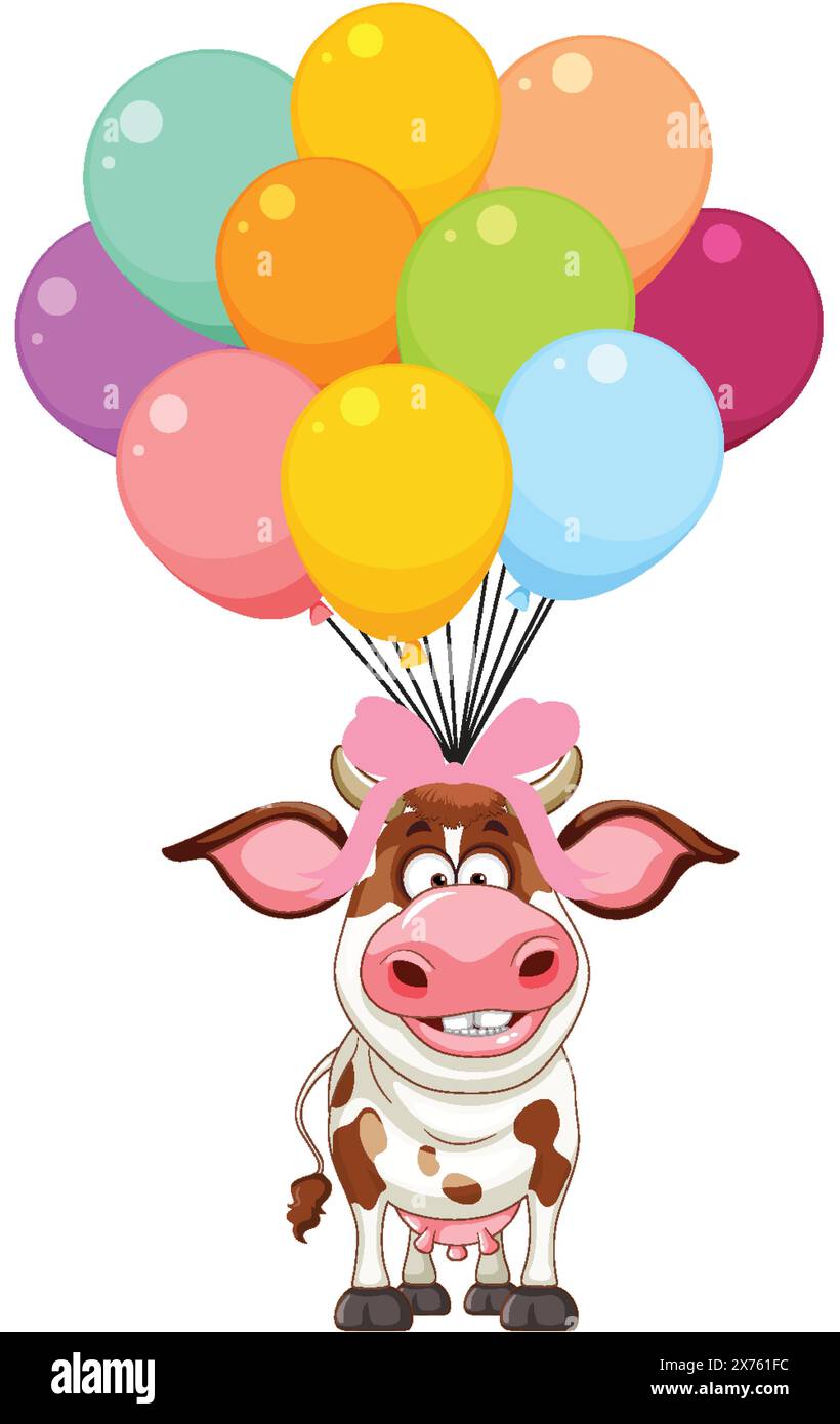 Cartoon cow tied to vibrant multicolored balloons Stock Vector Image ...