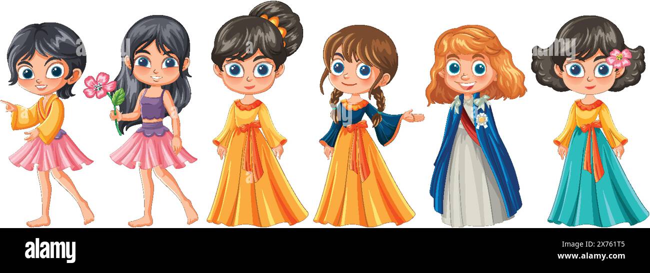 Six girls in vibrant, detailed outfits Stock Vector Image & Art - Alamy