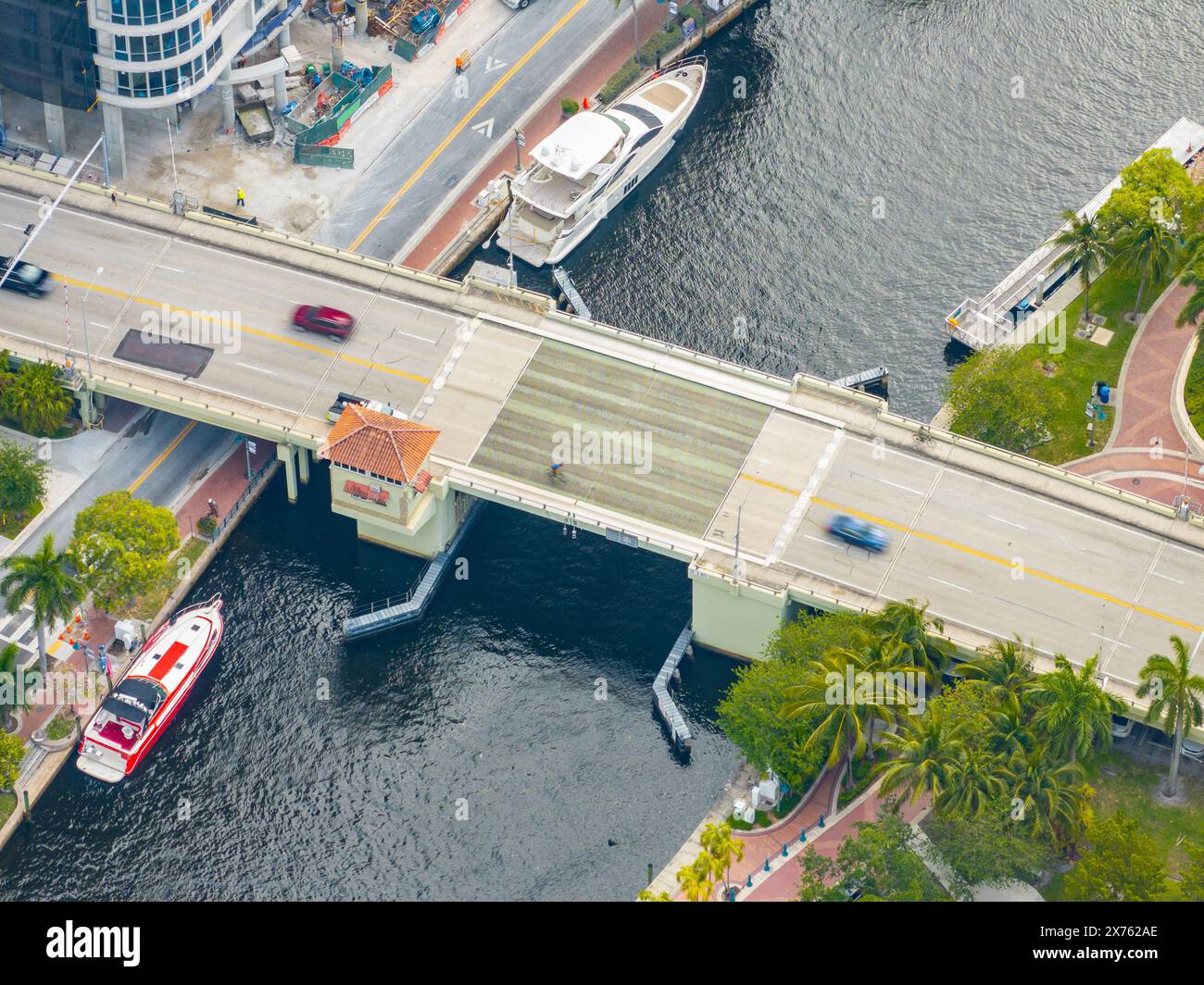 Fort Lauderdale, FL, USA. Aerial view of a drawbridge over the New ...