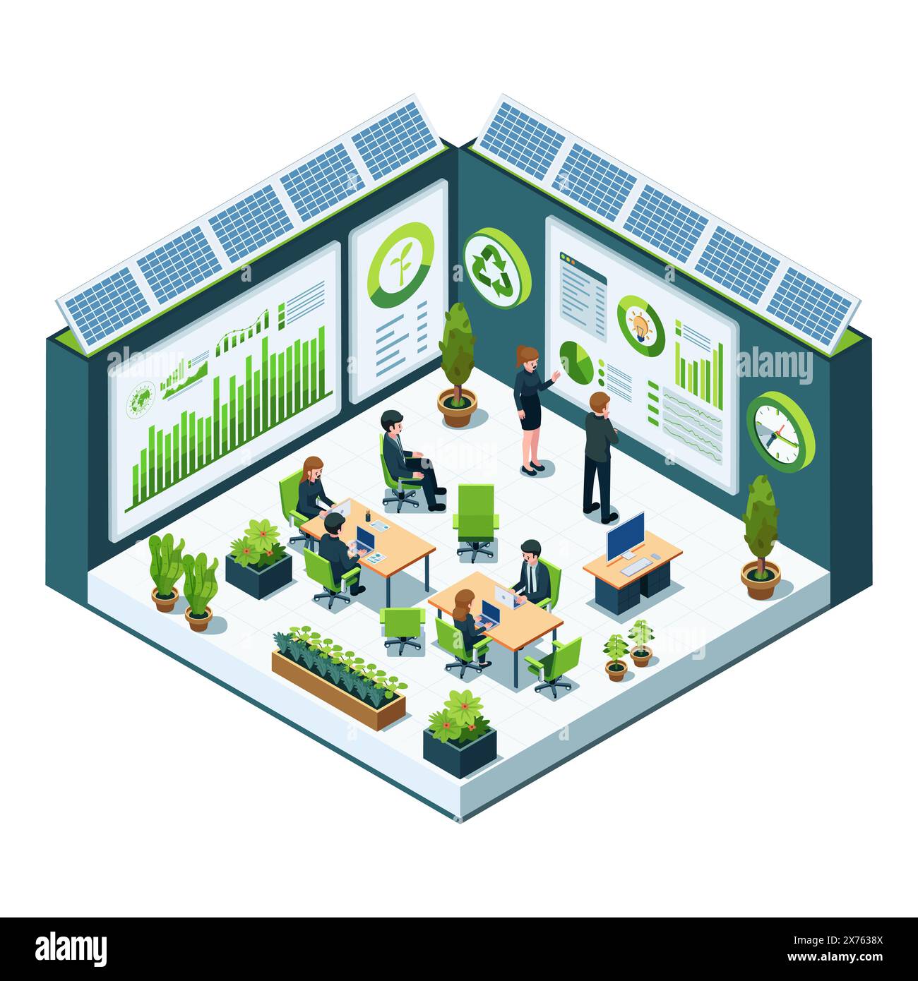 Isometric Sustainable Business Office or Eco-Friendly Workplace. ESG ...