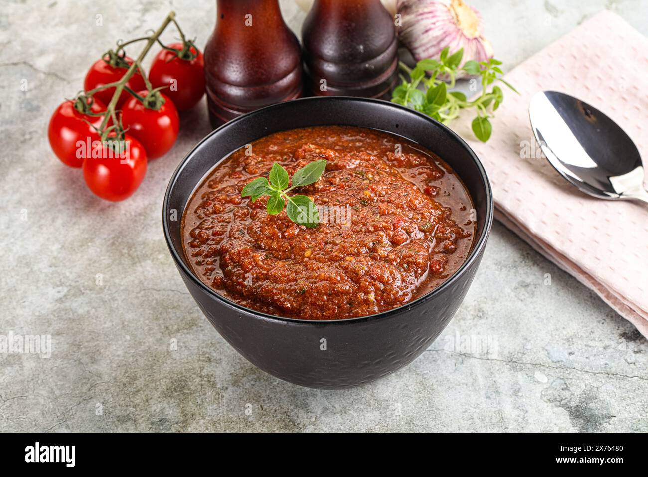 Spanish traditional gazpacho tomato soup served basil Stock Photo - Alamy