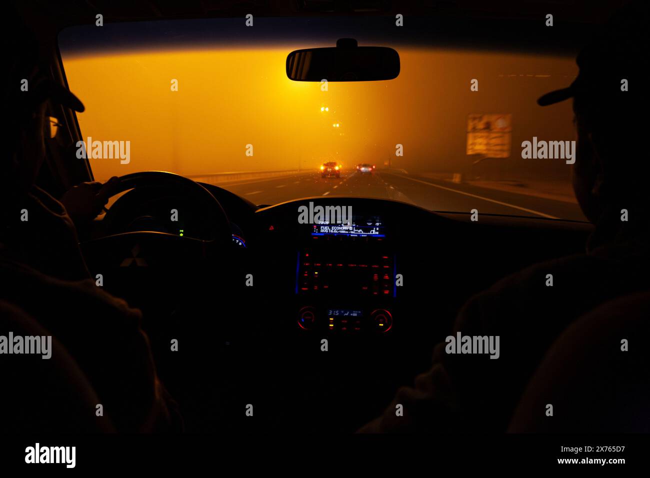 Night light on highway road, Driving car on motorway at mist night ...