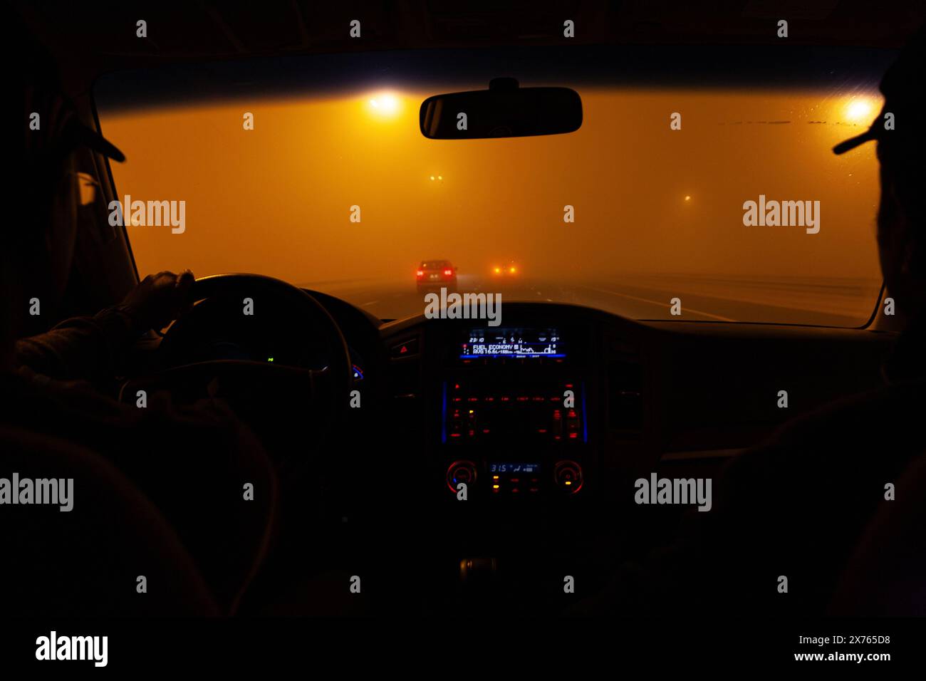 Night light on highway road, Driving car on motorway at mist night ...