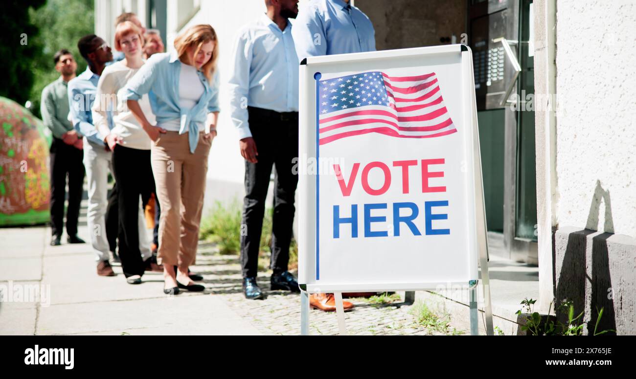 Diverse People At Voting Booth. Vote Here Elections Sign Stock Photo ...