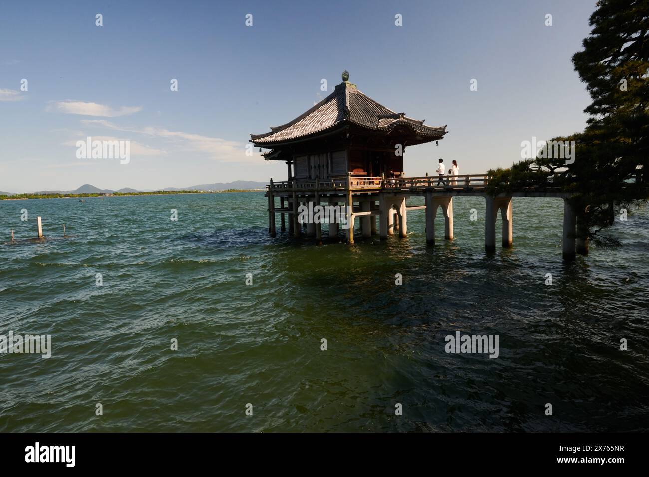 The historic Mangetsu floating temple in Lake Biwa in central Japan ...
