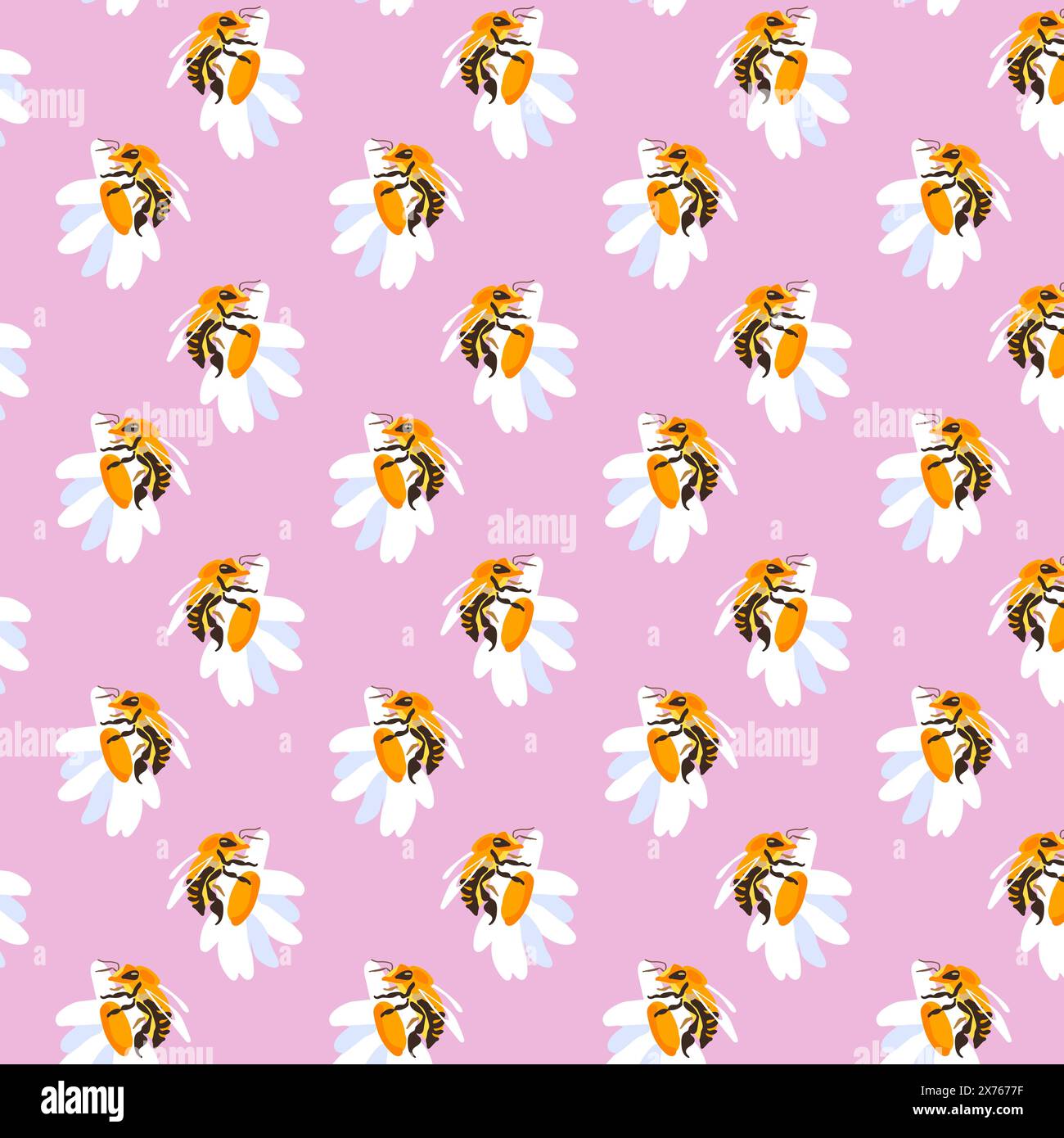 Seamless pattern white daisy bee Pink background meadow Postcard poster ...