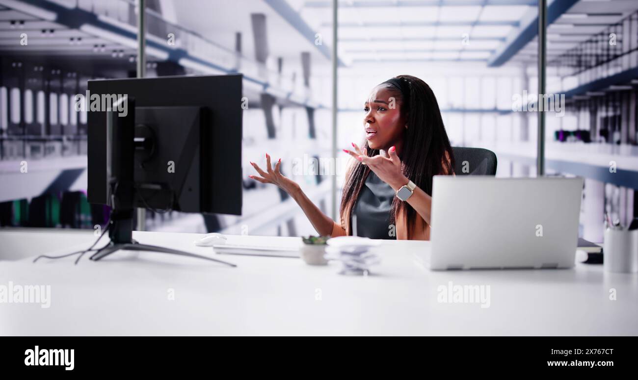 Angry Complaining Business Woman In Video Conference Stock Photo - Alamy