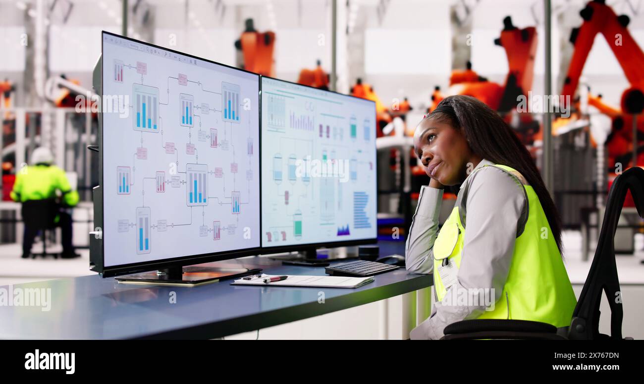 Tired Unhappy Woman In Automotive Car Factory Using Scada System Stock ...