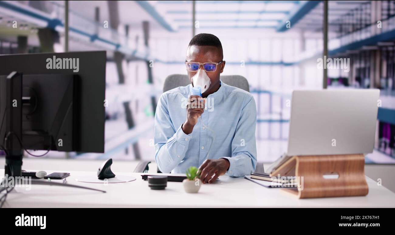 Asthma Patient Breathing Using Oxygen Mask And COPD Nebulizer Stock ...