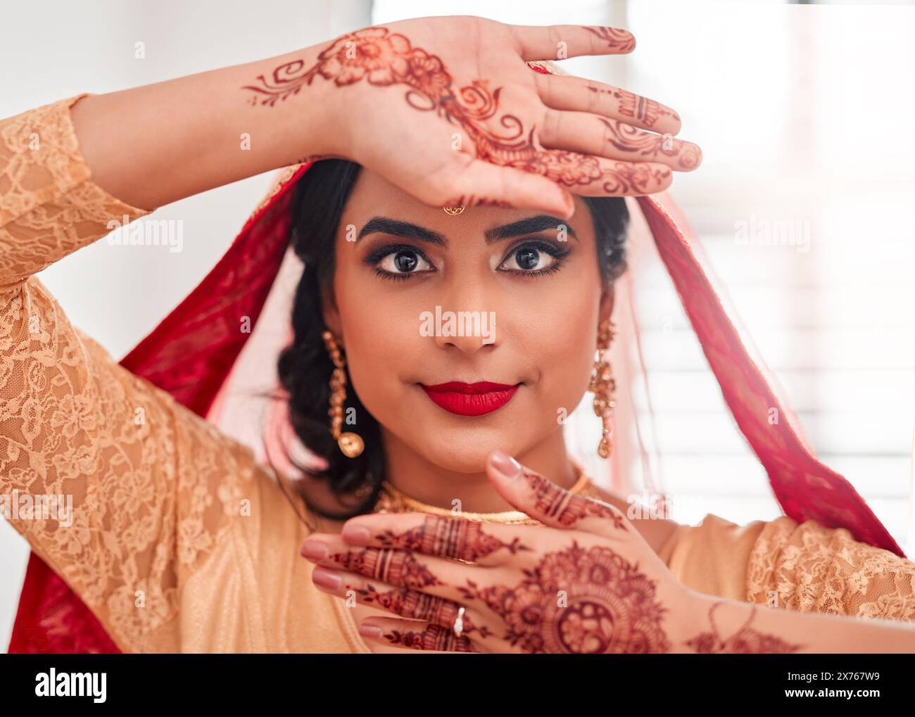 Indian bride, portrait and henna for wedding, celebration and love for ...