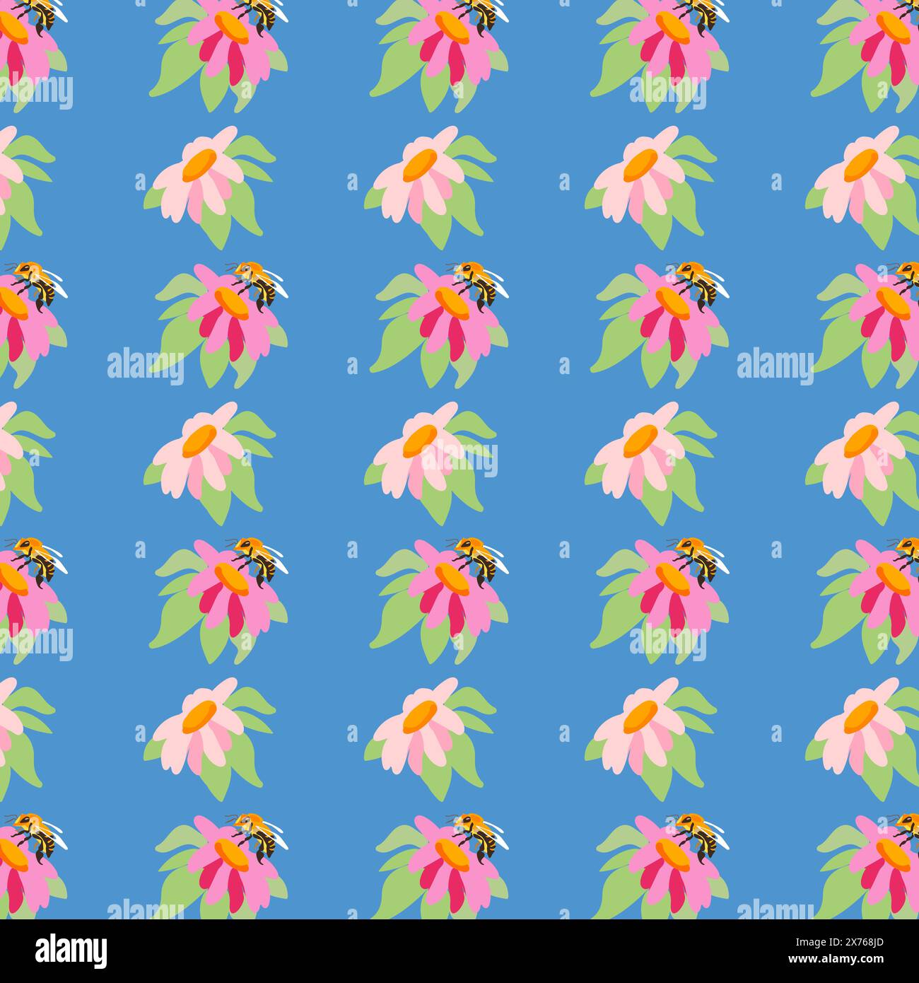 Summer background peonies bee Blue seamless pattern spring pink meadow ...