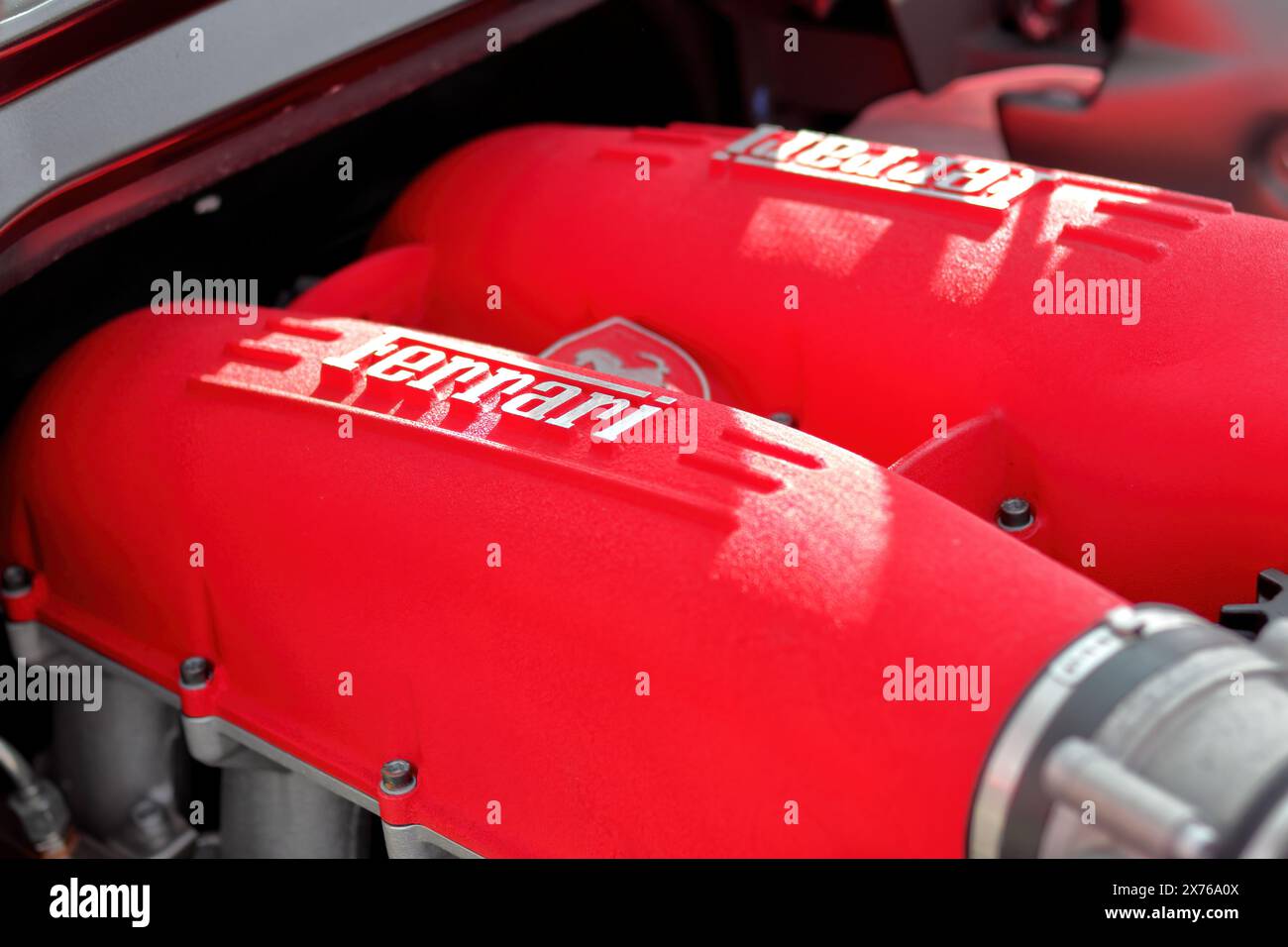 A red engine of Ferrari sportscar Stock Photo - Alamy