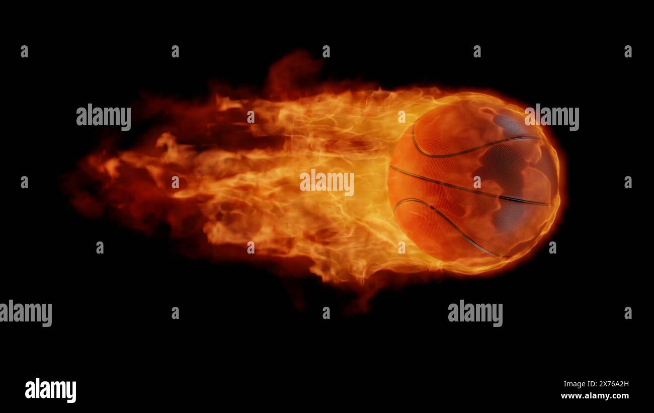Blazing Basketball on air with bright flame trail. Fire ball on dark ...