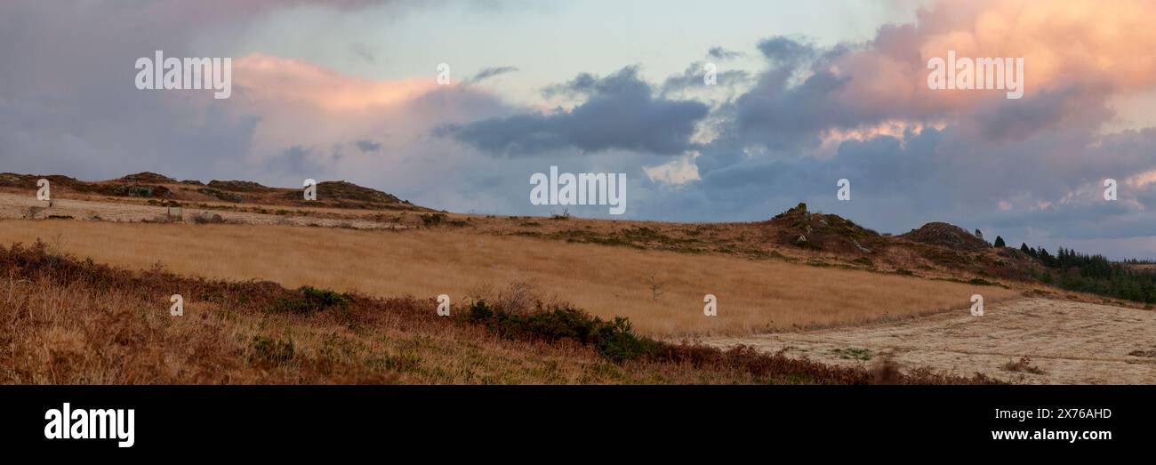 Panoramic view of the Monts d'Arrée at sunset. It is an ancient ...