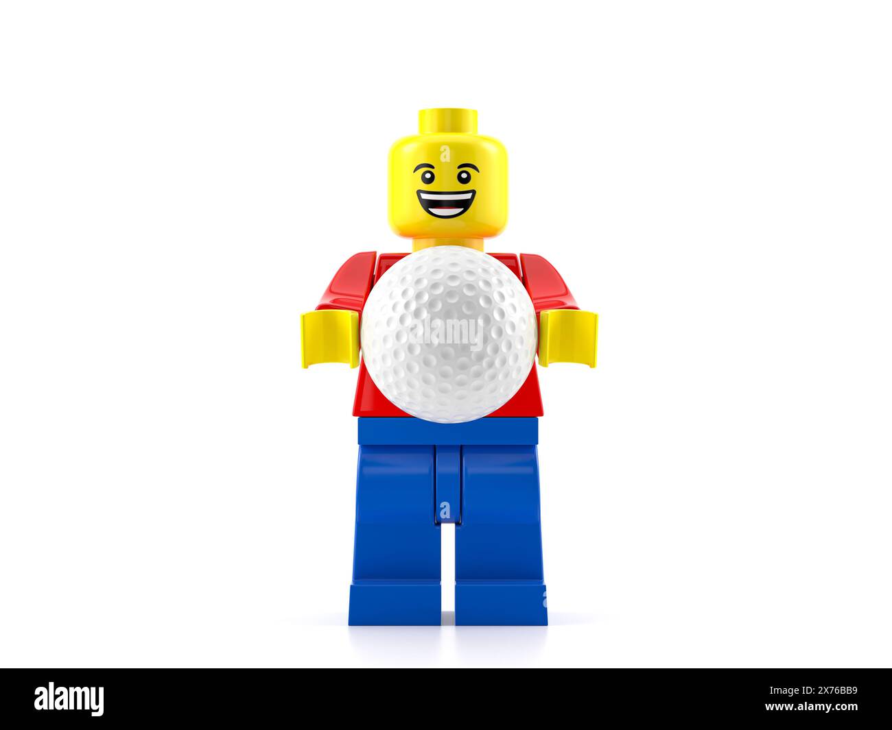 Toy minifigure with golf ball on a white background. 3d illustration ...