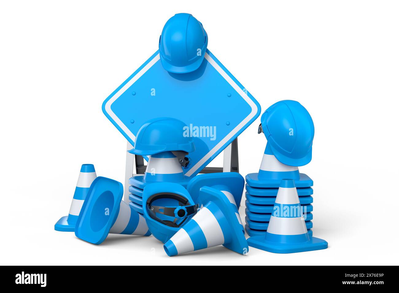 Set of safety helmets or hard hats and traffic cones, road sign for ...