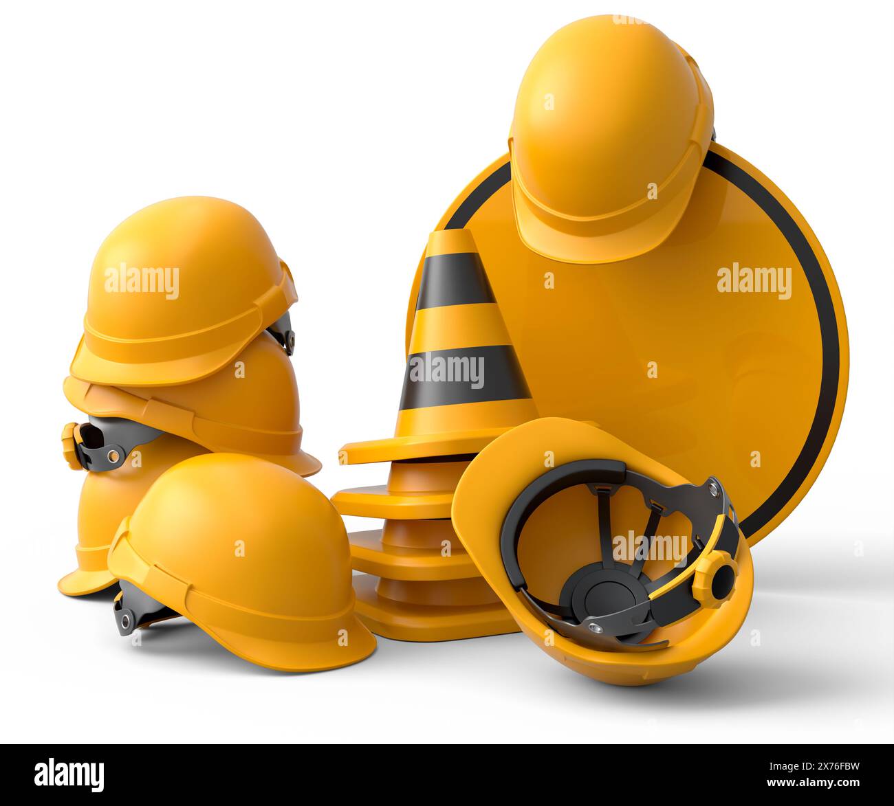 Set of safety helmets or hard hats and traffic cones, road sign for ...
